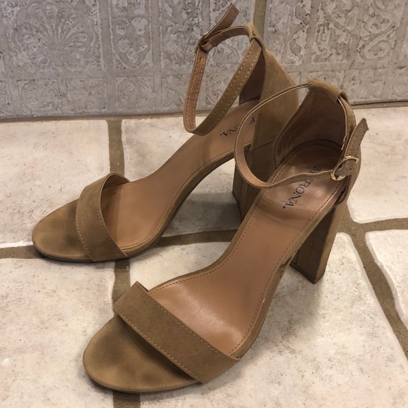 Merona | Shoes | Tan Suede Block Heel Sandals | Poshmark